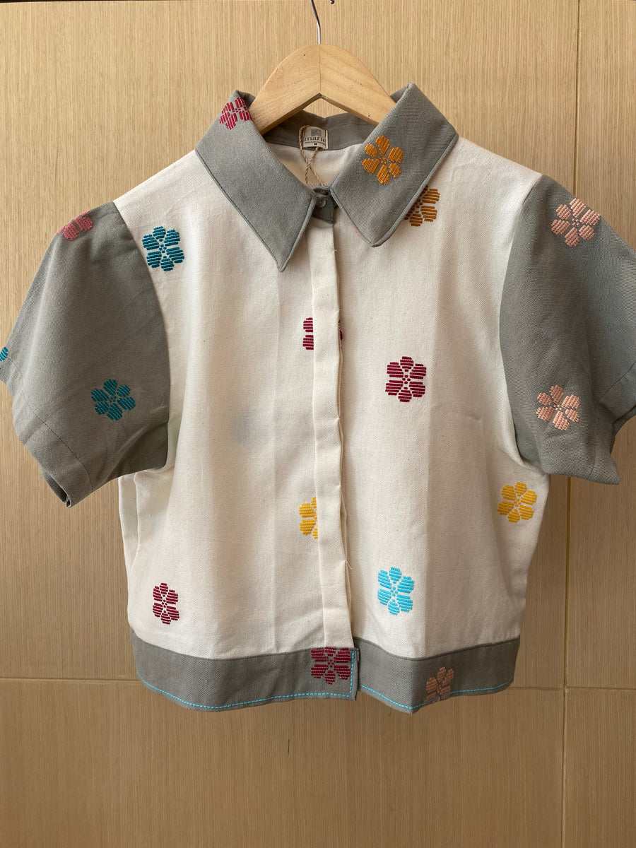 MARIKIT: WHITE FLOWERS (full)/ gray flowers & collar – DESIGNS BY MARIE