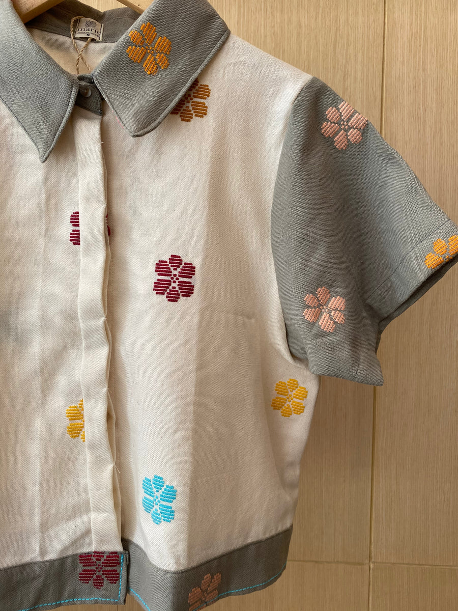 MARIKIT: WHITE FLOWERS (full)/ gray flowers & collar – DESIGNS BY MARIE